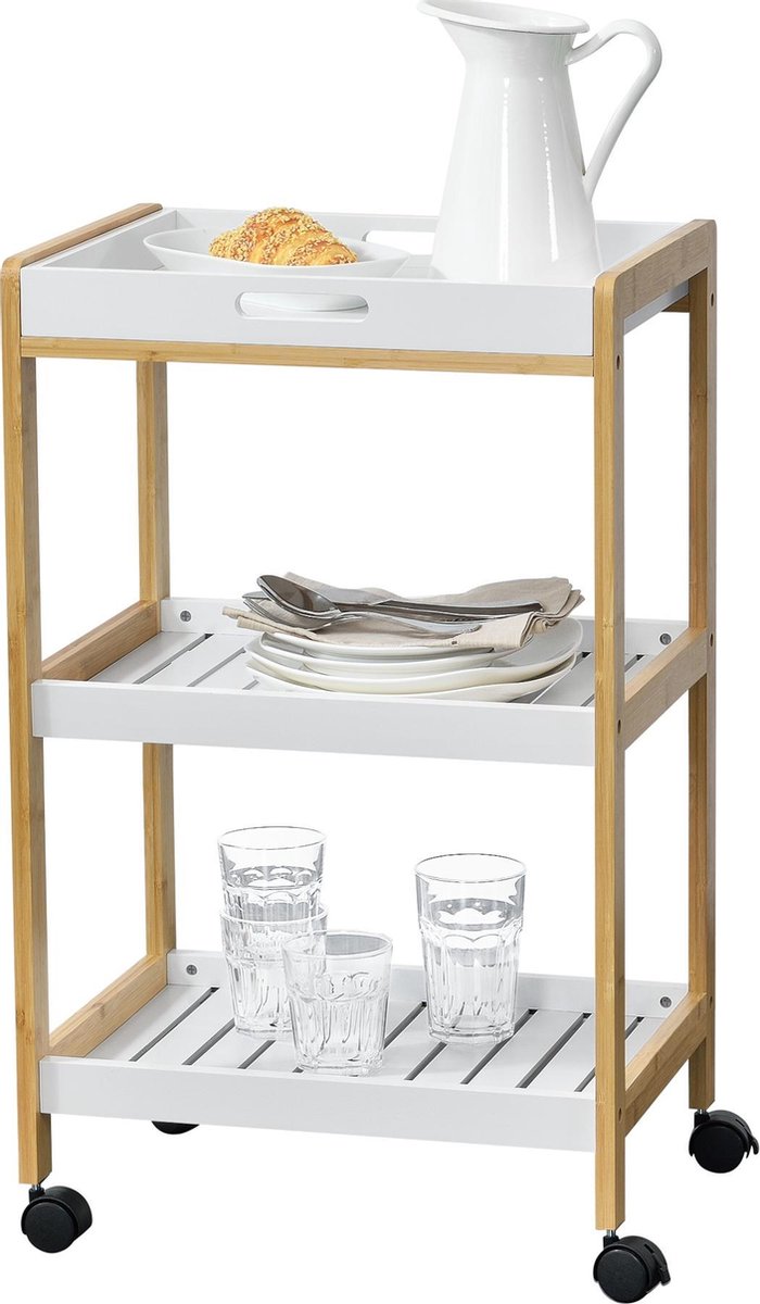 Keukentrolley Lugano met 3 planken 75x46x35 cm hout en wit | bol