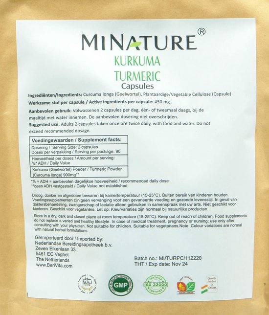 Kurkuma Capsules 60 stuks - 450mg Geelwortel, Turmeric per Vega Capsule - Curcumine -... | bol