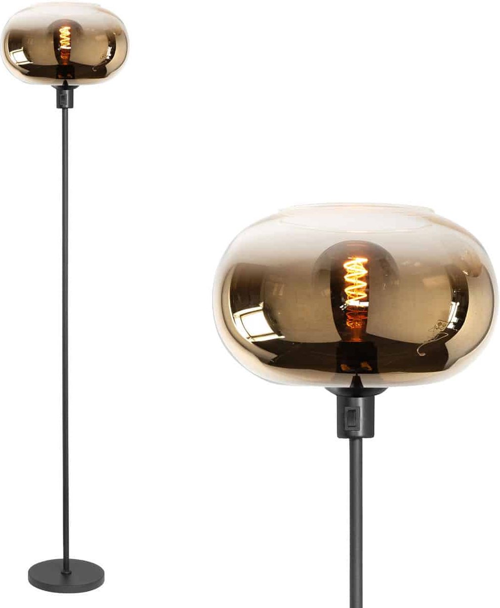 Moderne vloerlamp Bellini | 1 lichts | amber / goud / zwart | glas ...