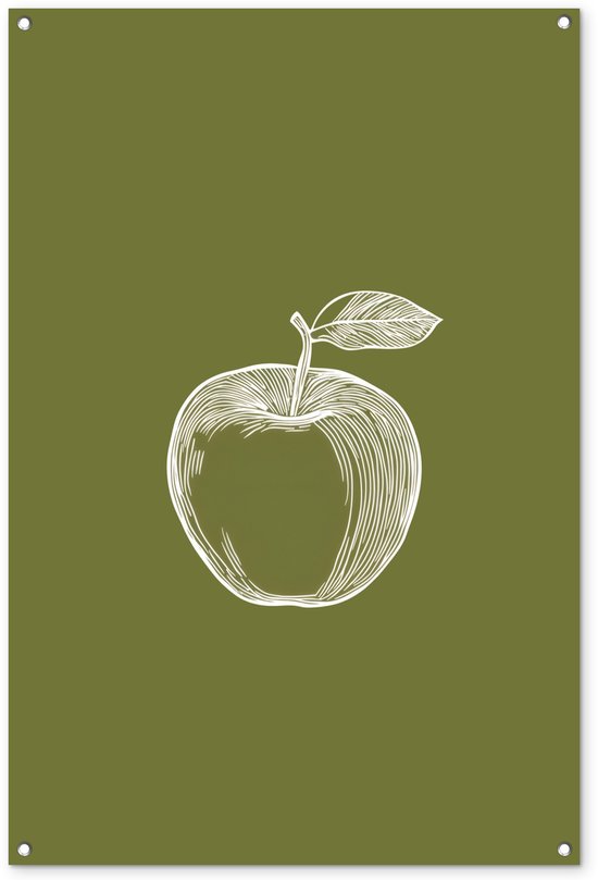 Tuinposter 80x120 cm - Tuindecoratie Lijntekening - Appel - Olijfgroen ...