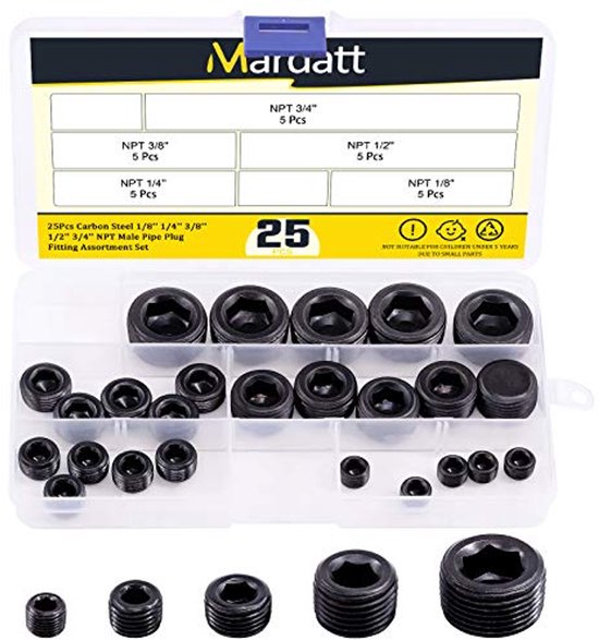 25 Stuks NPT Plug Set - Pijp Plug Assortiment in Diverse Maten voor ...