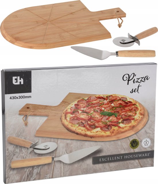 Pizzaplank met Pizzames en Schep - Bamboe, 43x30 cm | bol