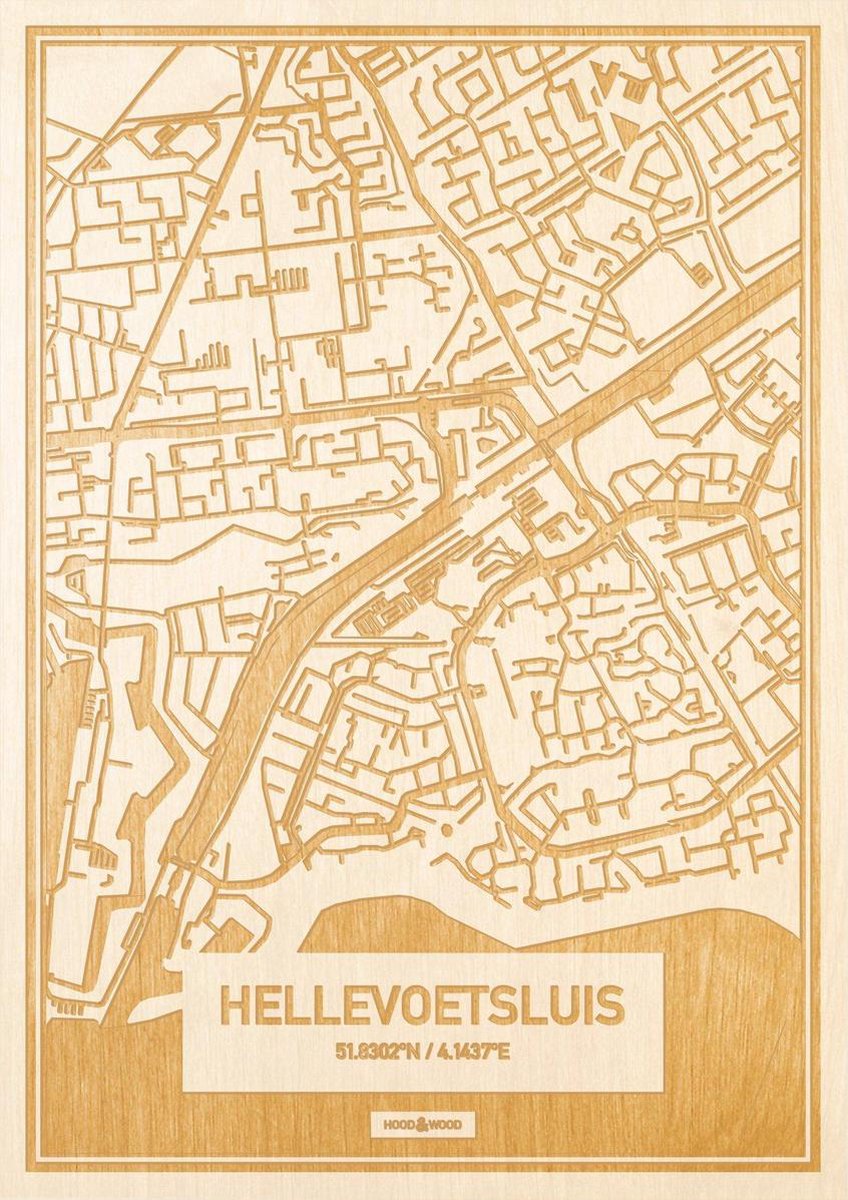 Kaart Hellevoetsluis - Gegraveerde stadskaart Hood&Wood - Hout, A4 ...
