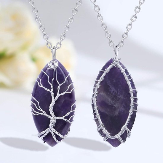 Vintage Amethyst Reiki Healing Crystal Pendant Necklace - Tree of Life Design | bol