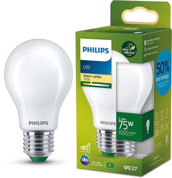 Philips UltraEfficient LED lamp - Mat - 75W - E27 fitting - Warmwit licht: 2700K -... | bol