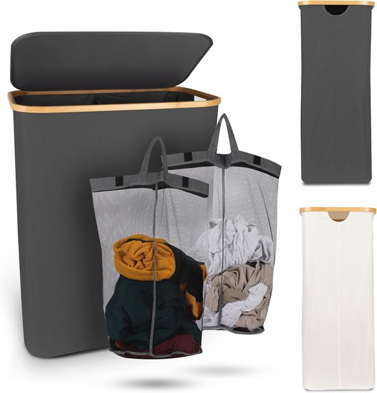 Elegante Wasmand met Deksel voor 145L, Opvouwbare Wasverzamelaar met 2 Vakken,... | bol