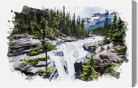 Schilderijkoning - Canvas Schilderij Waterval In De Bergen Aquarel - 120 x 80 cm | bol.com