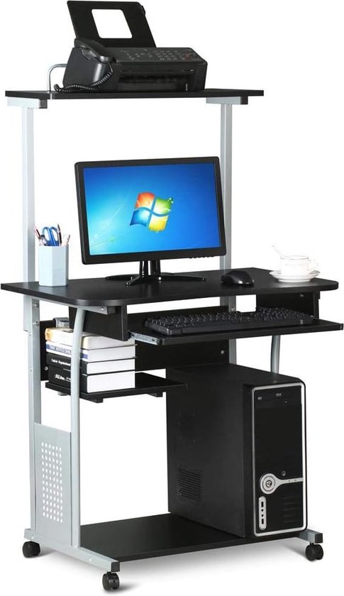 Bureau met printerrek computertafel zwart PC tafel met 4 wielen 80 x 50 ...