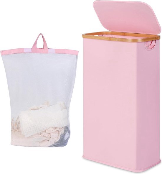 60 liter slanke wasmand met deksel en binnenzak - opvouwbaar en wasbaar - roze Wasmand 3.0 | bol