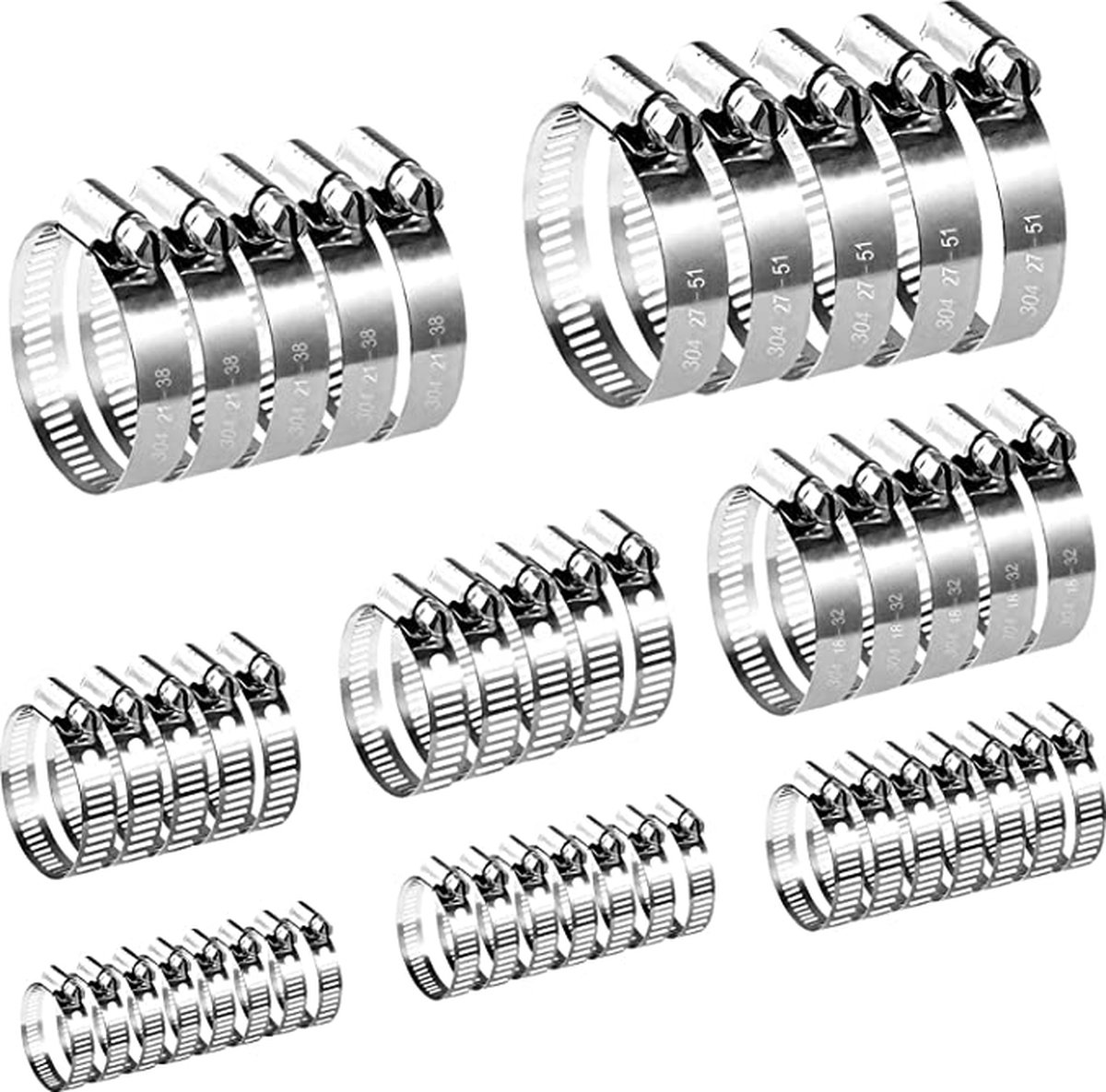 70 Delige Slangklemmen RVS Set, 8 Maten 6-51mm Verstelbare Slangklemmen ...
