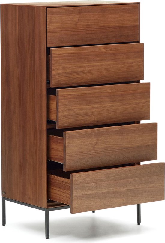 Kave Home - Vedrana ladekast met 5 laden in walnootfineer met zwarte ...