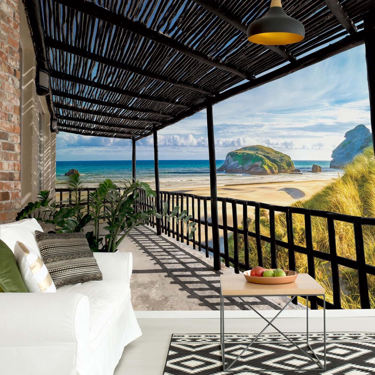 Fotobehang - Vlies Behang - Terras met Uitzicht op de Duinen, Zee en ...