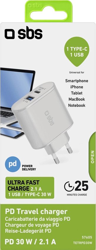 SBS USB Snellader met Type-C PD 30W, wit | bol