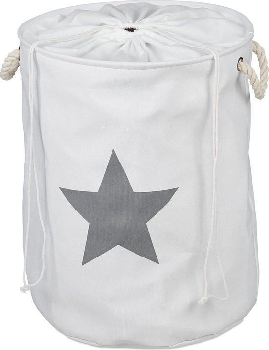 Opvouwbare stoffen wasmand met koord 60 liter - Wit/grijs met sterprint ...