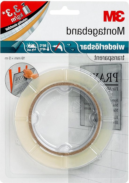 Dubbelzijdig plakband voor binnen- en buitengebruik - Verwijderbaar - 19 mm x 5 m x 08... | bol