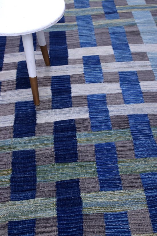 Blauw Tapijt Laagpolig Handgeweven Wollen Vloerkleed - Koho Afghan ...