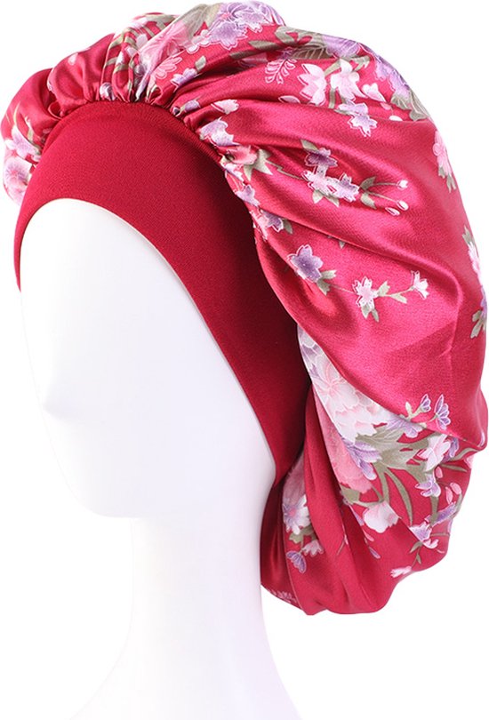 Wine Red Sleep Night Cap with Floral Print - Wide Band Satin Bonnet. | bol