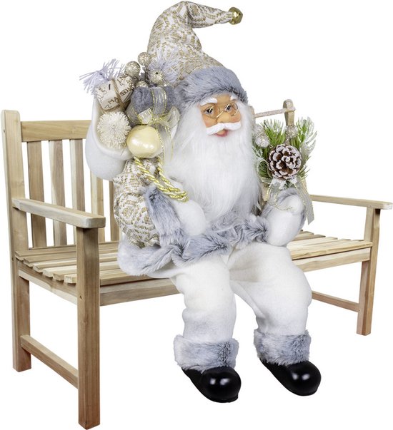 Kerstman decoratie pop Paul - H45 cm - wit - zittend - kerst beeld ...