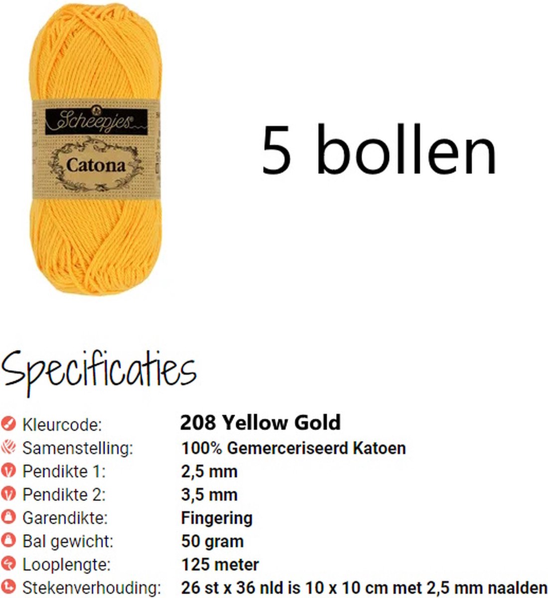 Scheepjes - Catona - 208 Yellow Gold - set van 5 bollen x 50 gram | bol.com