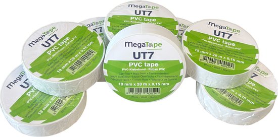 Megatape - UT7 PVC isolatietape - 19mm x 20mtr - Wit - 8 Rollen - 15my ...