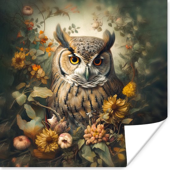Poster Uil - Vogels - Bloemen - Natuur - 50x50 cm | bol