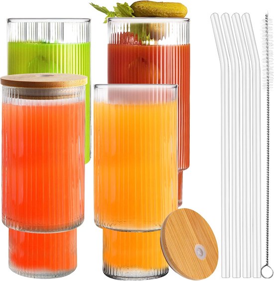 Glazen Met Groeven Set Van 4 473 Ml Vintage Drinkware Met Deksels En