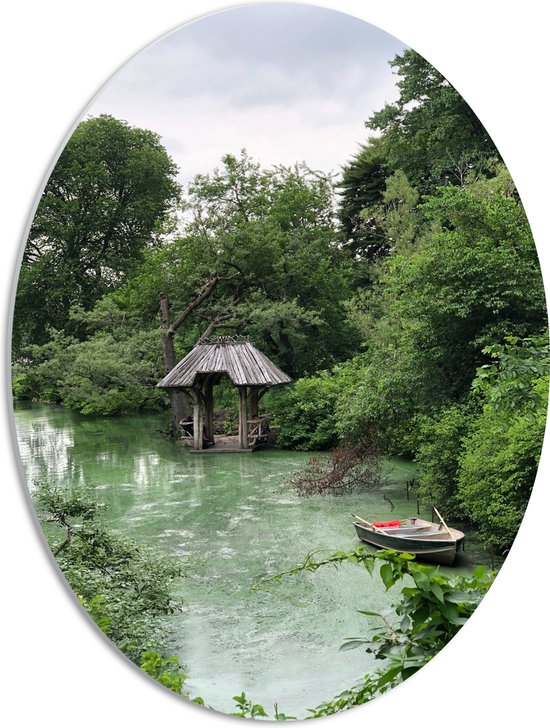 PVC Schuimplaat Ovaal - Hutje aan het Water in het Bos - 42x56 cm Foto ...