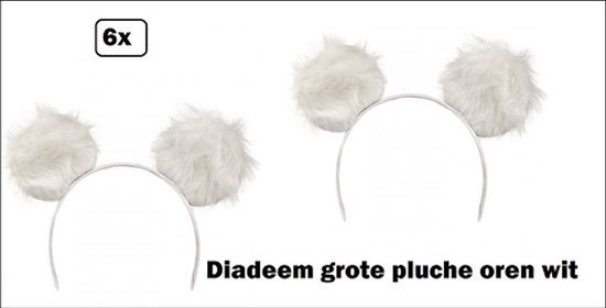 6x Diadeem grote pluche oren wit - oor dier hoofd deksel thema feest ...