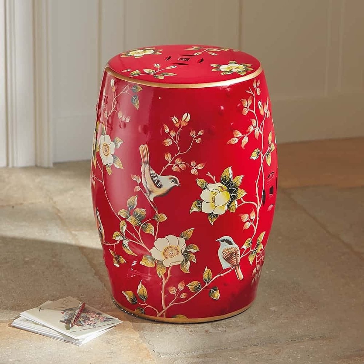 Fine Asianliving Keramische Kruk Rood Vogels Handgemaakt - Caelia D30xH45cm Keramiek... | bol.com