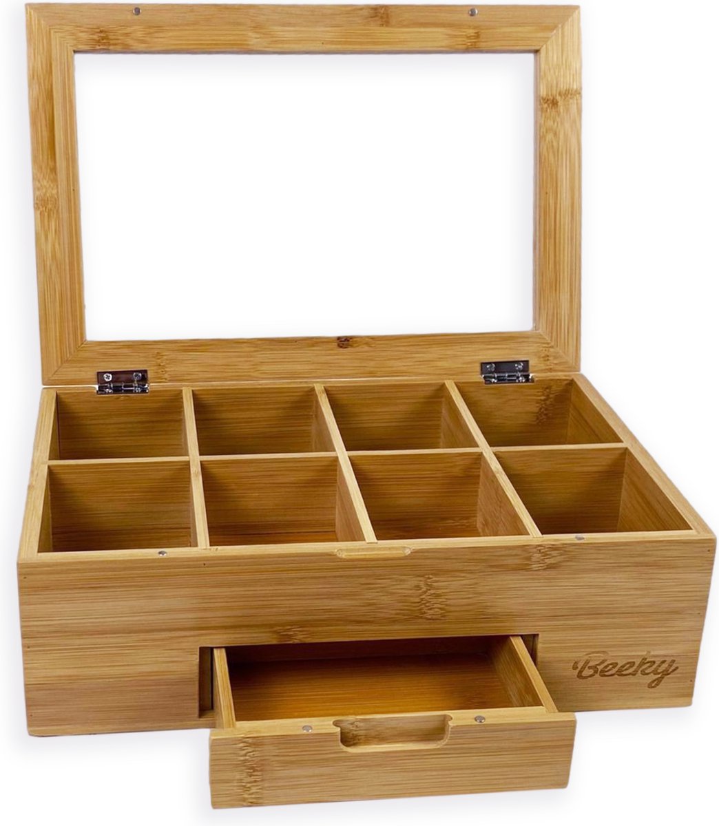 Beeky Bamboe Theedoos voor 112 Zakjes - Theekist met 8 vakken geschikt ...