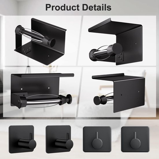 Toiletpapierhouder zonder boren met plank, zwart + 2 zelfklevende haken ...