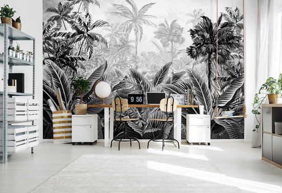 Fotobehang - Vlies Behang - Jungle Bladeren en Planten in Zwart-wit ...