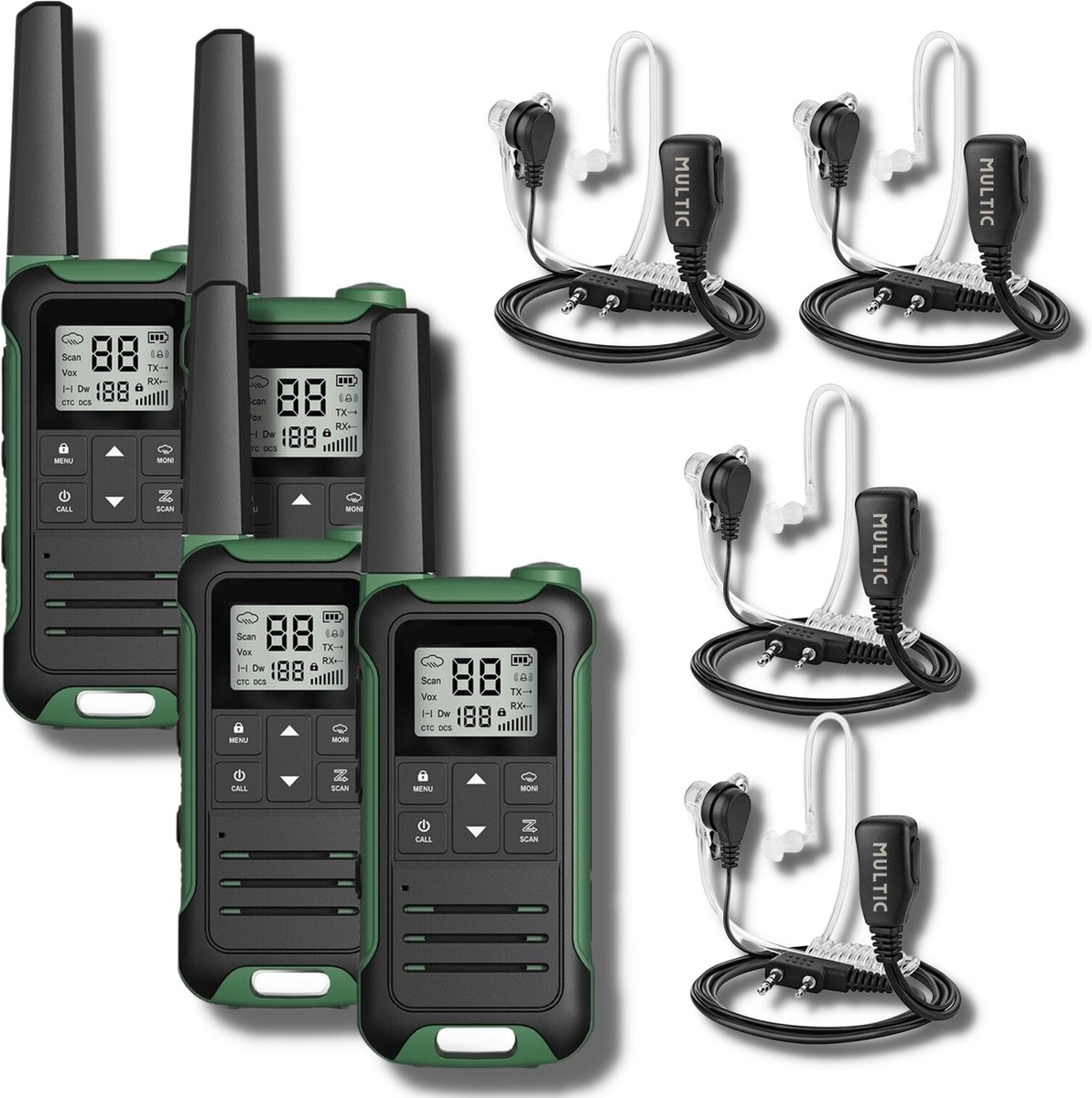 MULTIC Portofoon Set - 4 Groene Digitale Walkie Talkies - 4-draads ...