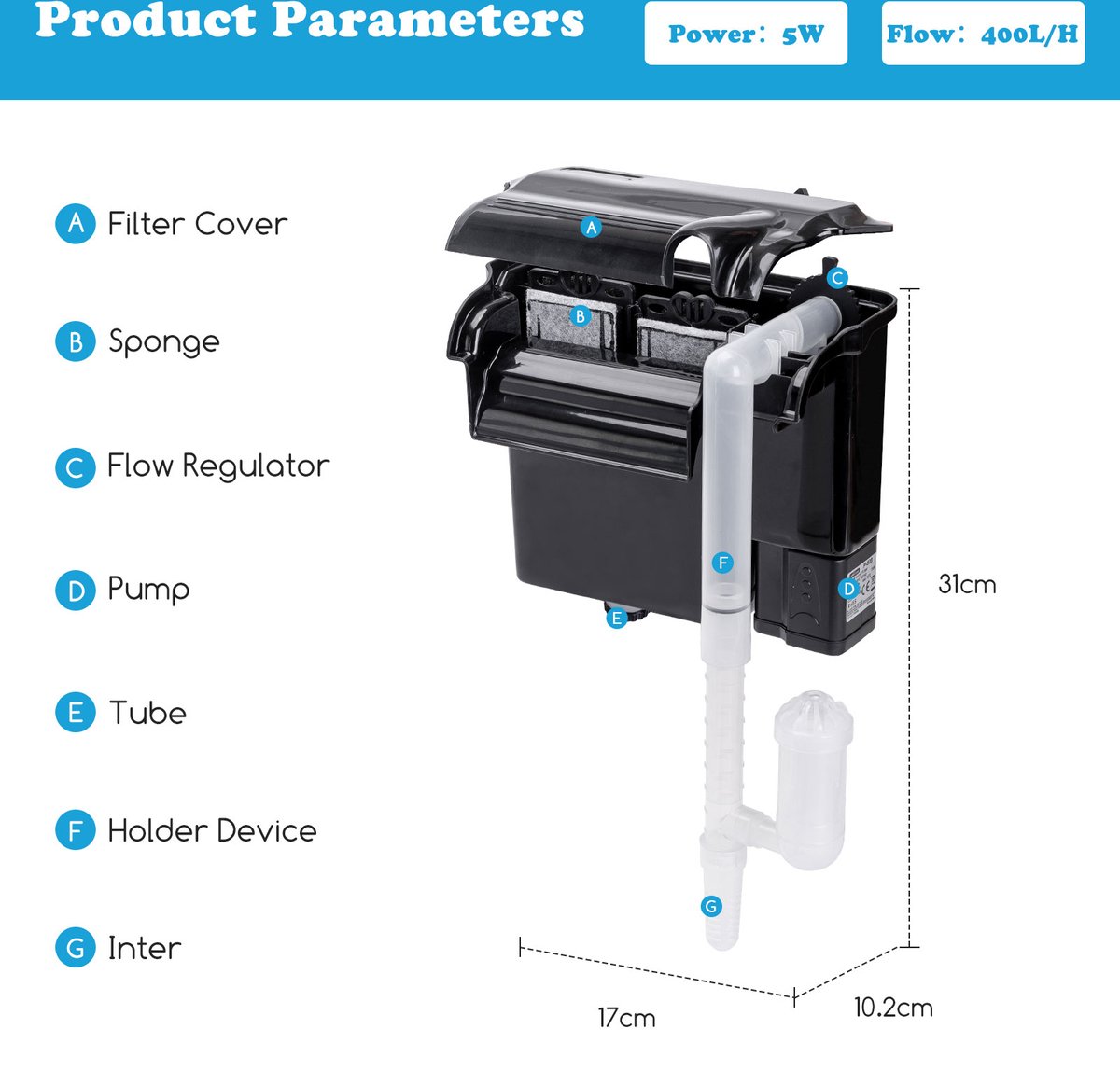 Nobleza Aquarium Pomp - 400 L/H - Filterpomp hangend - Waterpomp ...