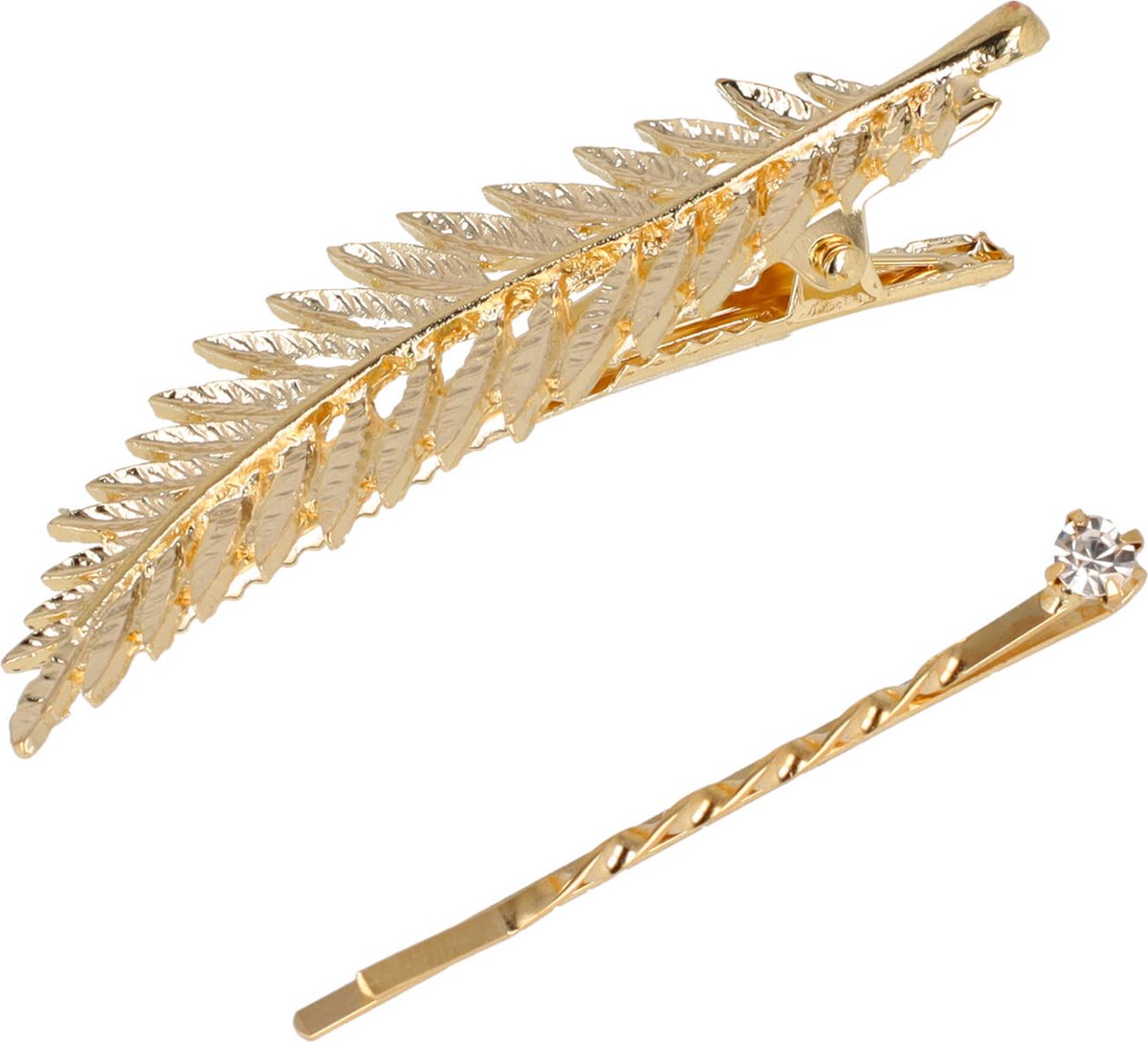 Haarspeld Duckklem + Schuifspeldje Leaves Strass Steentje Goud Leaf ...