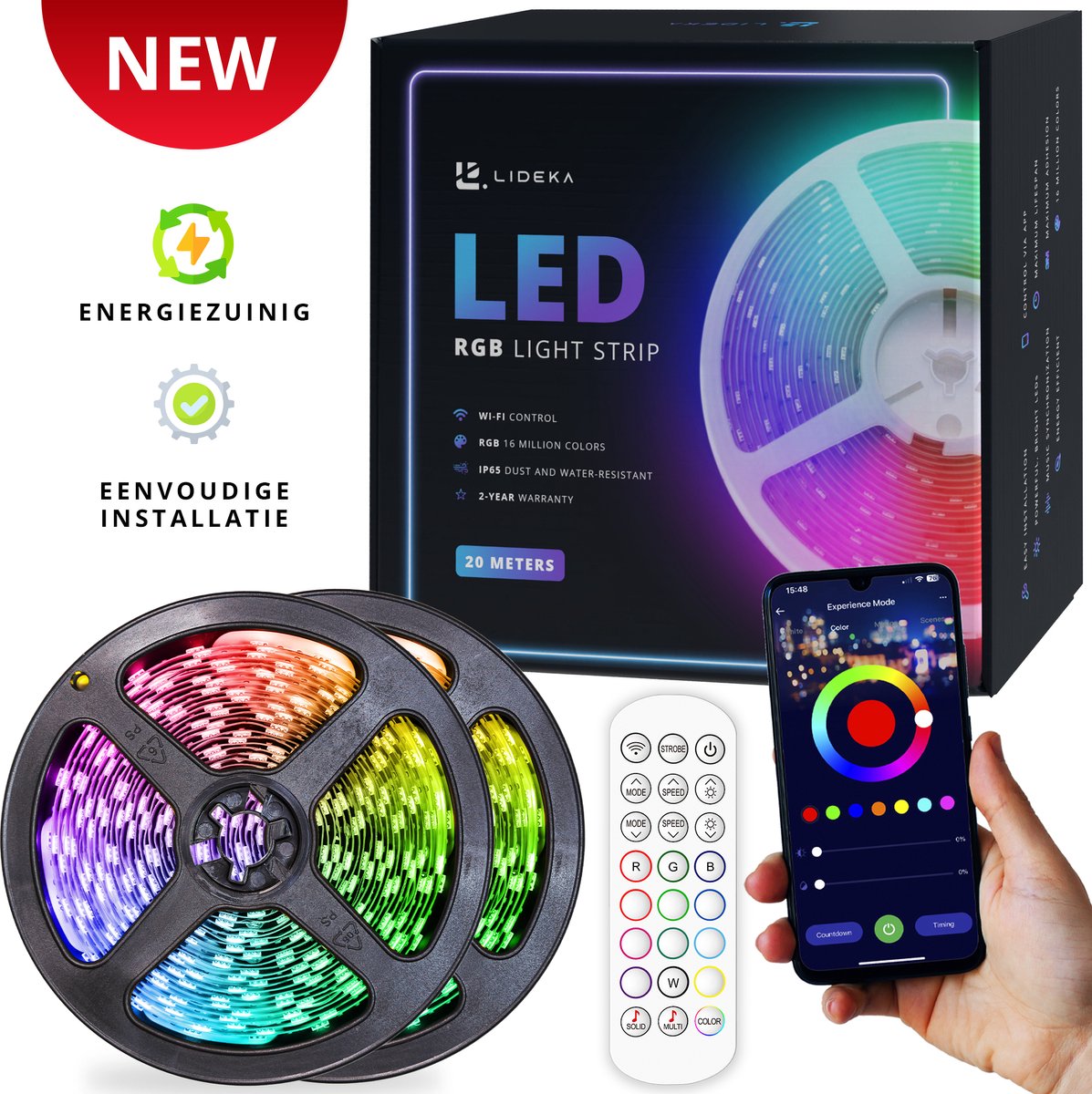 Lideka - LED Strip - 20 meter (2x10) - RGB verlichting - Dimbaar - Met ...
