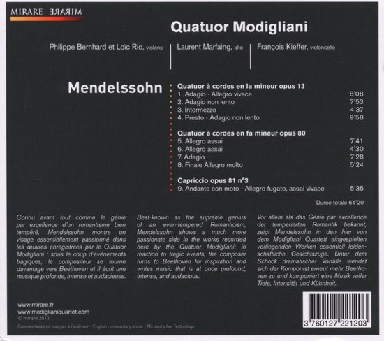 Mendelssohn: String Quartets Nos. 2 & 6, Modigliani Quartet | CD (album) | Muziek | bol.com