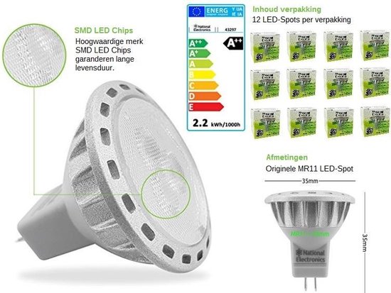 Verpakking 12x National Electronics LED - fitting MR11 / GU4 - 2.2 Watt ...