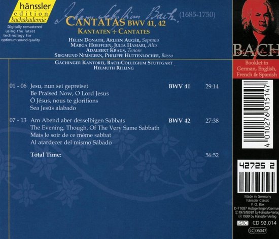 Bach-Ensemble, Helmuth Rilling - J.S. Bach: Cantatas Bwv 41-42 (CD ...