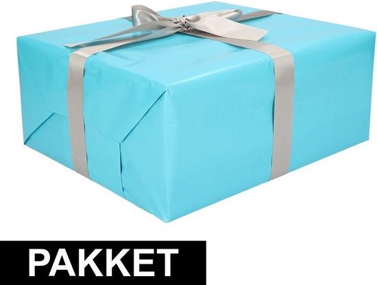 Inpak pakket met aqua cadeaupapier en zilver lint | bol.com