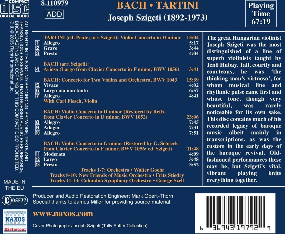 Szigeti:Bach.Tartini-Violin Co, Johann Sebastian Bach | CD (album ...