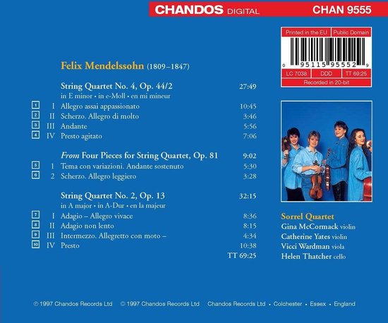 Mendelssohn: String Quartets nos 2 & 4 etc / Sorrel Quartet, Sorrel Quartet | Muziek | bol