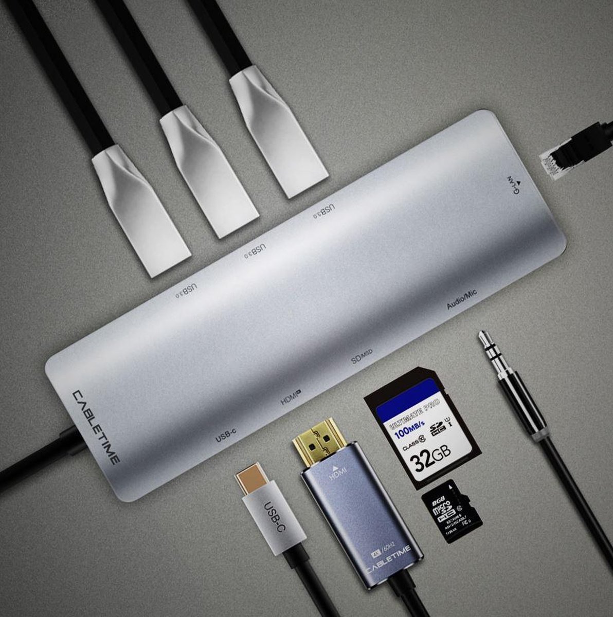 Hub USB C 9-en-1 - Entrée 4K HMDI / Ethernet / USB 3.0 / Micro SD / SD ...