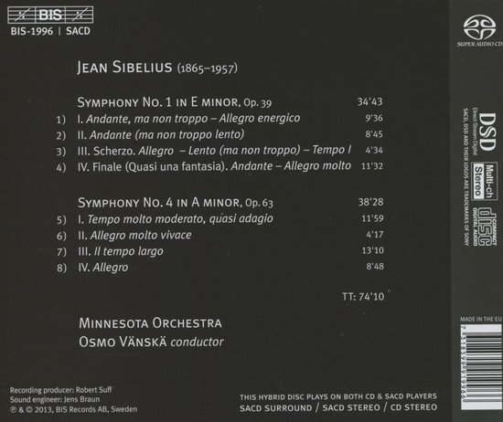 Minnesota Orchestra, Osmo Vänskä - Sibelius: Symphonies Nos.1 & 4 ...