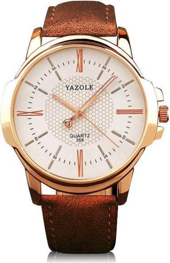 Yazole Heren Quartz Horloge | Bruin/Wit - Goud | PU Lederen Band | bol.com