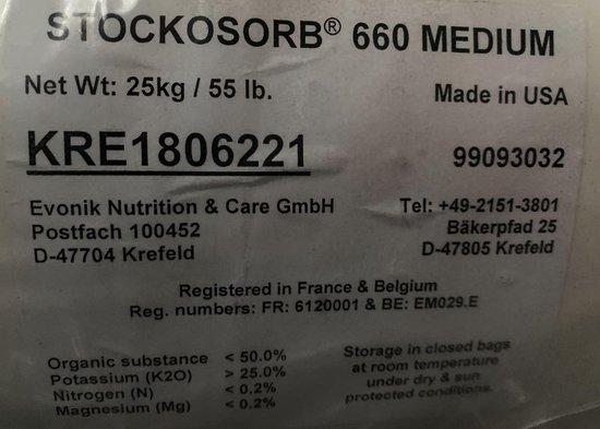 Cristaux de gel d'eau Stockosorb 660 moyen - 25kg (donne moins d'eau ...