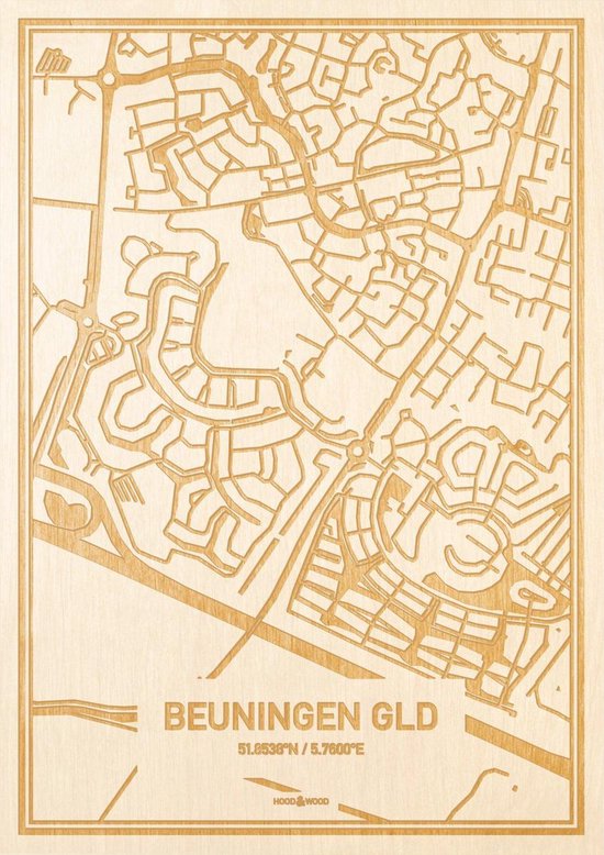 Kaart Beuningen Gld - Gegraveerde stadskaart Hood&Wood - Hout, A4 | bol.com