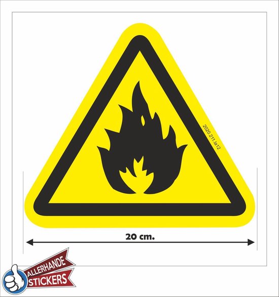 Ontvlambare stoffen, Brand gevaar sticker geel zwart 20 cm. | bol.com