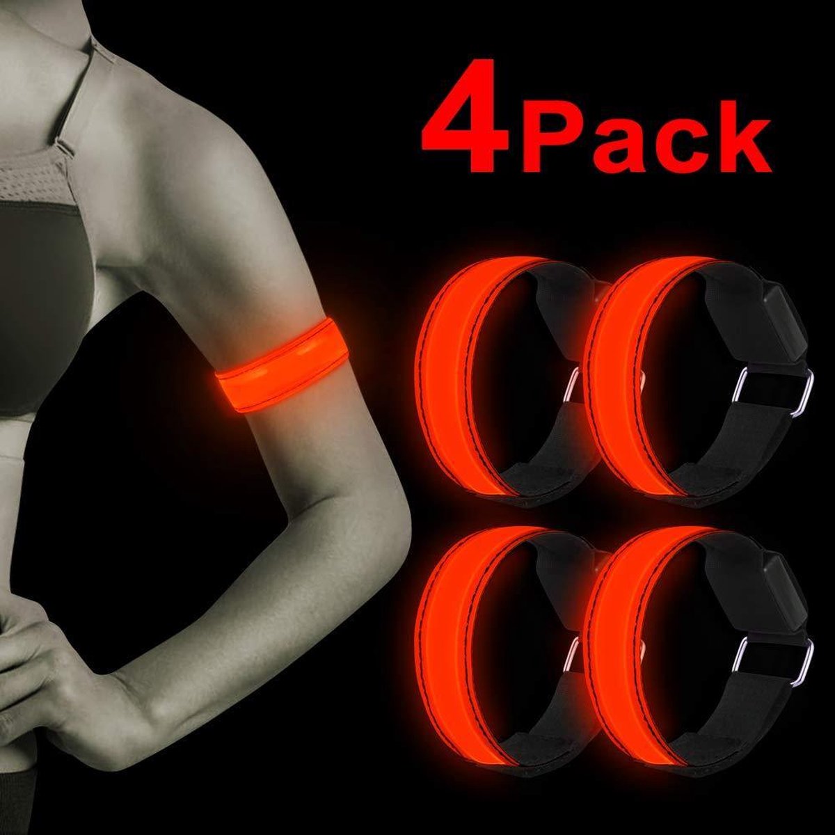 KW® LED Veiligheids armbanden | 4 Stuks met Rood Licht | Reflecterende ...