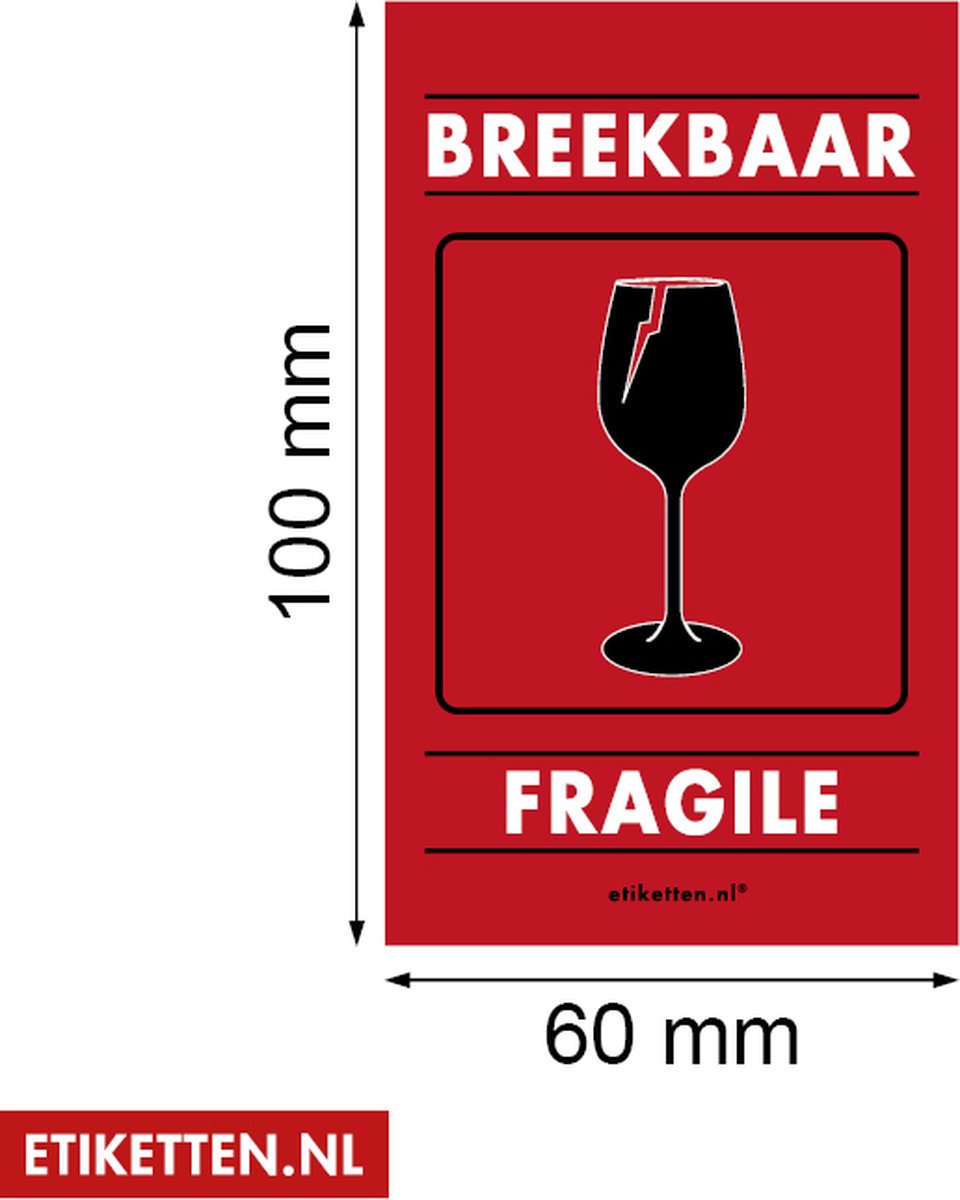 Breekbaar Stickers op Rol - Fragile Verhuisstickers - 60 mm x 100 mm ...